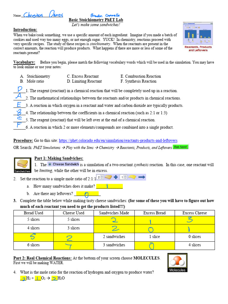Basic Stoichiometry PhET Lab Guide | PDF | Stoichiometry | Chemical ...