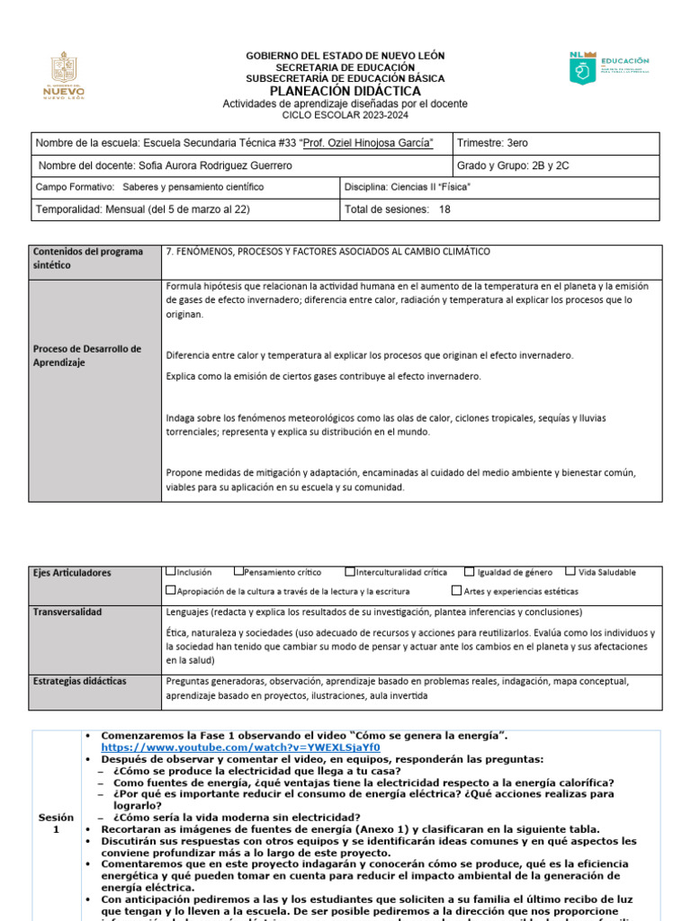 Planeacion Fisica Marzo 2024 | PDF | Energía renovable | Aprendizaje