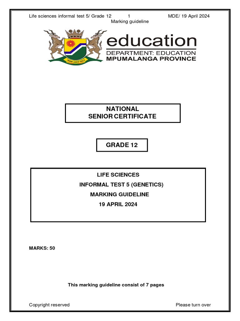 LFSC Topic Test 5 Marking Guideline Grade 12 (Genetics) Final - 084747 ...