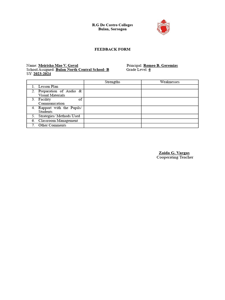 feedback form | PDF | Lesson Plan | Behavior Modification