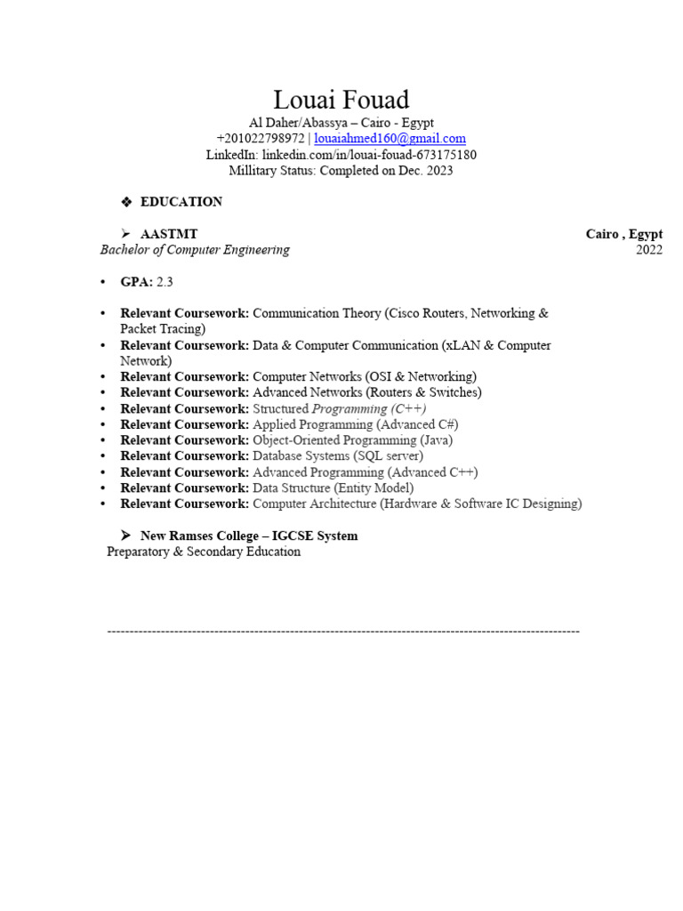 Louai-Fouad ~ Resume | PDF | Computer Network | Cisco Certifications