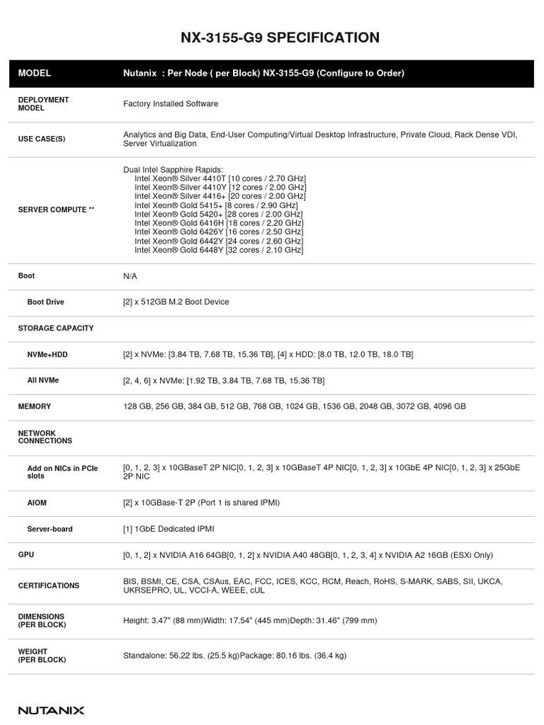 Nx 3155 G9 Specification Model Nutanix Per Node Per Block Nx 3155