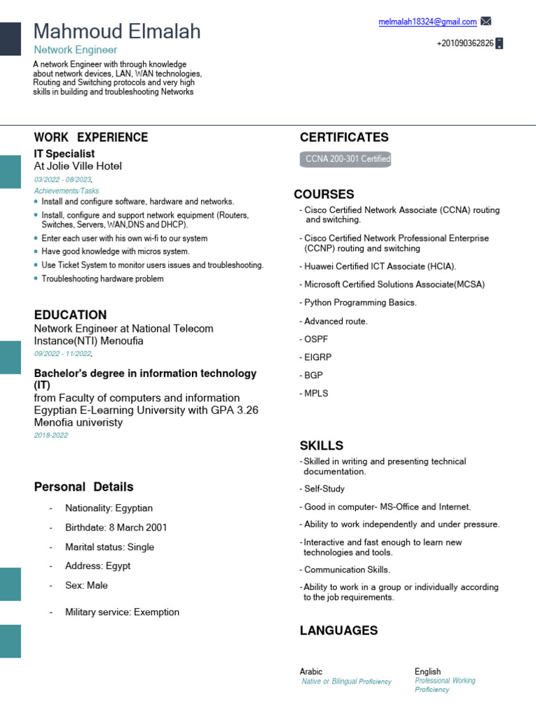 Mahmoud Mohamed Elmalah. CV | Download Free PDF | Computer Network | Cisco Certifications