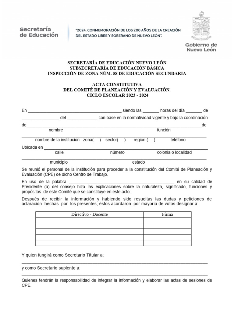 Acta Constitutiva Comite de Planeacion y Evaluacion 23-24 - Formato ... Acta Constitutiva Comite de Planeacion y Evaluacion 23-24 - Formato ...
