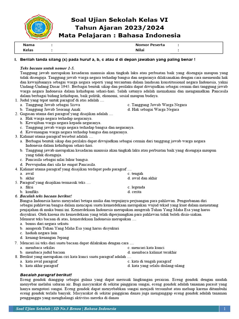 Soal Ujian Sekolah Kelas 6 Mapel Bahasa Indonesia | PDF | Karier & Perkembangan | Seni ...