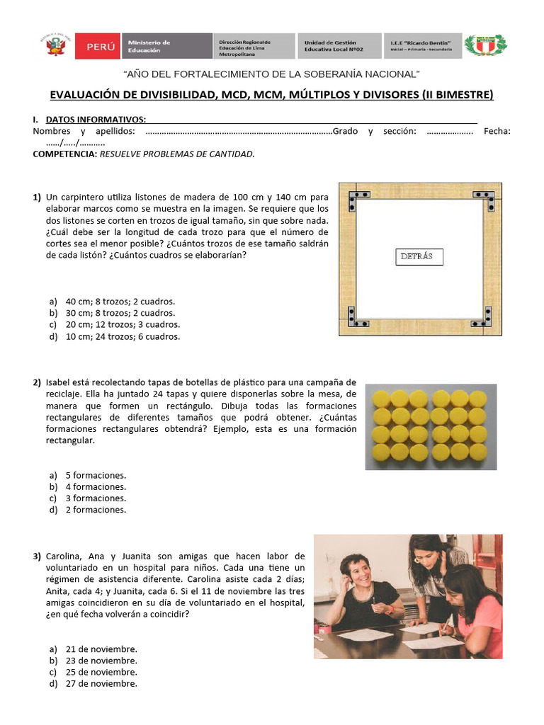 Evaluación Sobre Divisibilidad, MCD, MCM, Múltiplos y Divisores | PDF