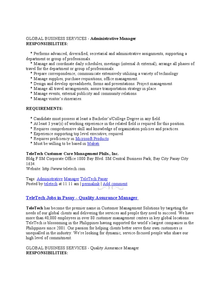 TeleTech Jobs in Pasay - Quality Assurance Manager | PDF | Quality ...