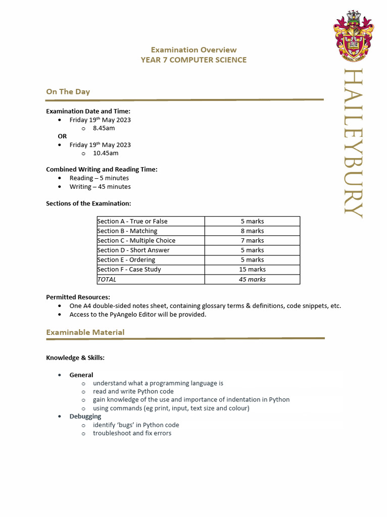 Examination Overview - Year 7 Computer Science | PDF | Control Flow ...