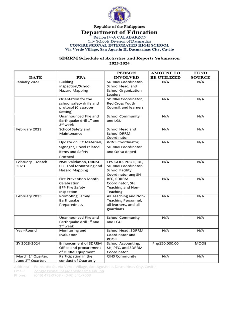 Cihs 2023-2024 DRRM Calendar of Activities | PDF | Science & Mathematics