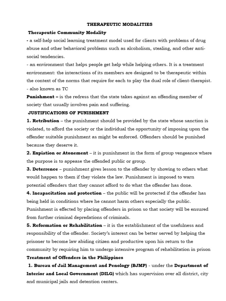 Therapeutic Modalities Notes | PDF | Punishments | Psychotherapy