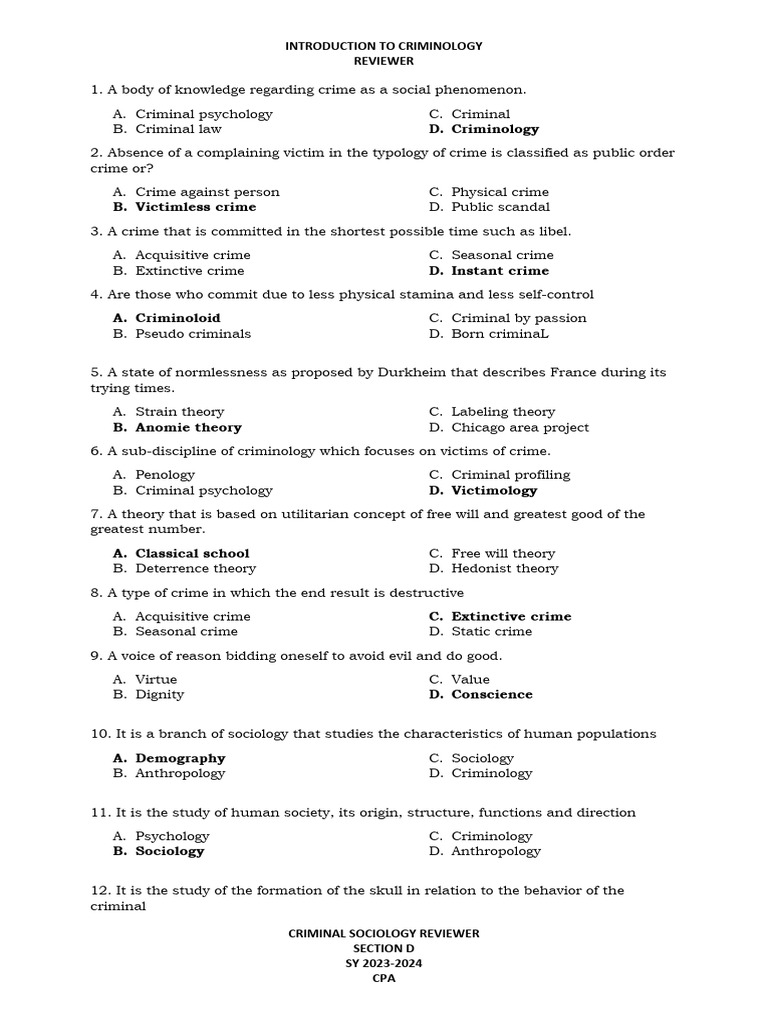 Introduction To Criminoloy Q A With Key Answer | PDF | Crime & Violence ...