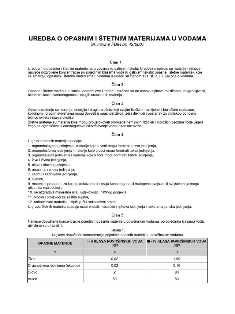 Uredba o Opasnim I Štetnim Materijama U Vodama 43-07 Drugi F | PDF