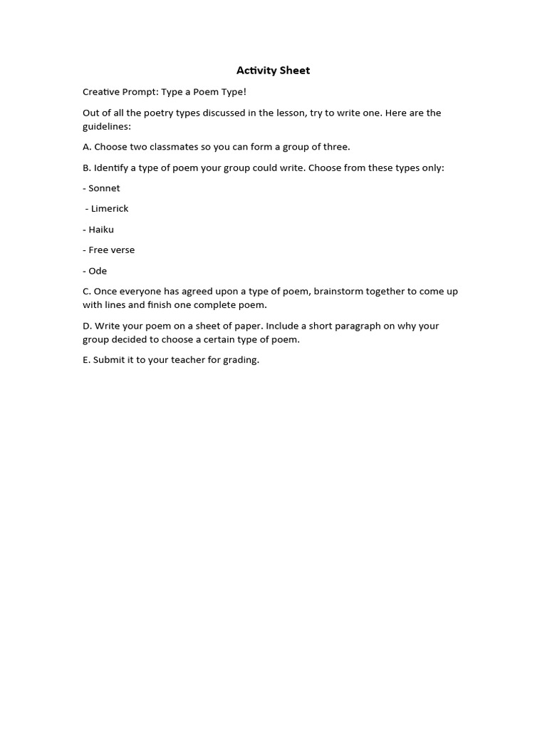 Activity Sheet Common Types of Poetry | PDF | Language Arts ...