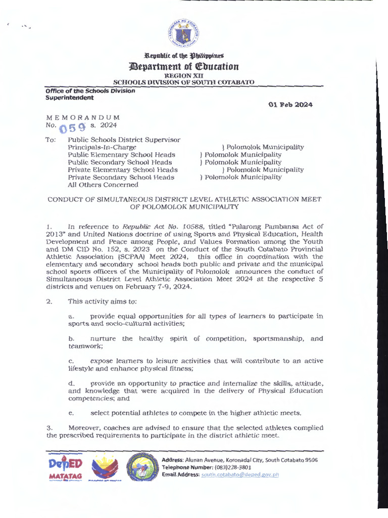 MEMORANDUM No. 059 S. 2024 CONDUCT OF SIMULTANEOUS DISTRICT LEVEL ...