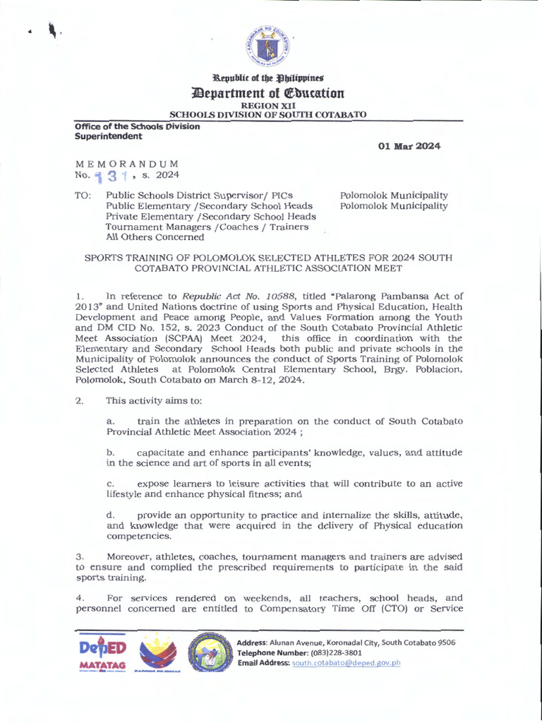 MEMORANDUM No. 131 S. 2024 SPORTS TRAINING OF POLOMOLOK SELECTED ...