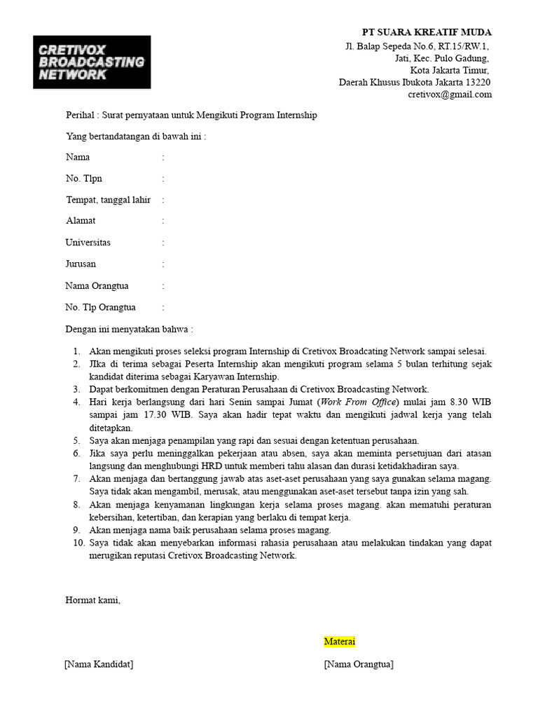 Surat Pernyataan Kandidat Internship | PDF