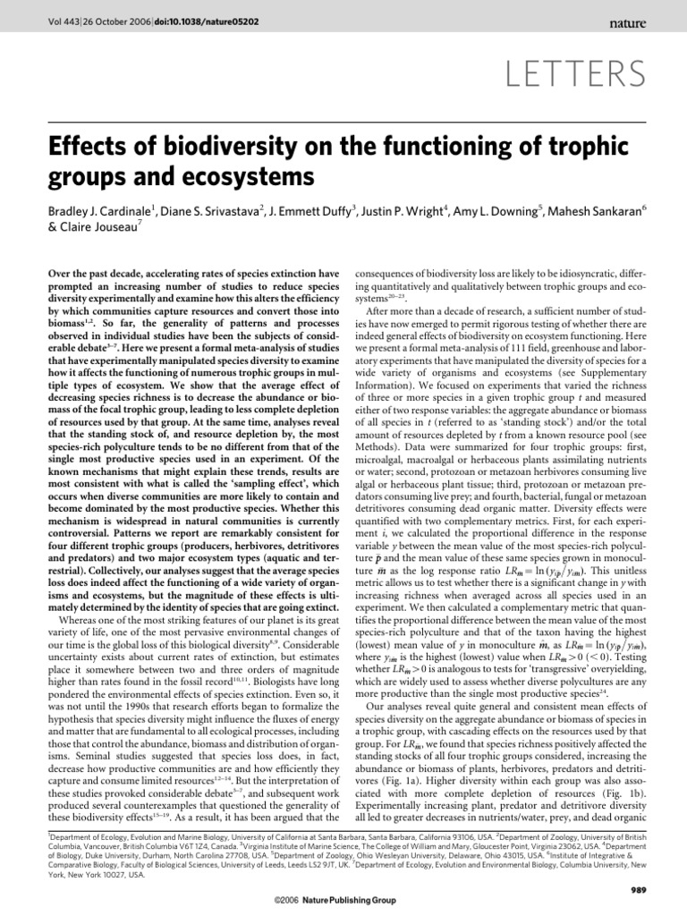 Effects of Biodiversity Loss On The Functioning of Trophic Groups and ...