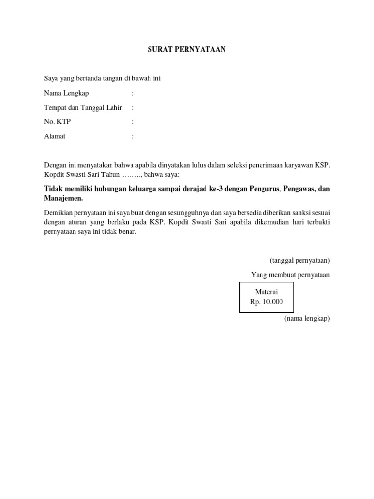 Surat Pernyataan Karyawan KSP | PDF