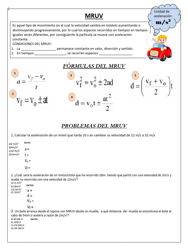 8. problemas MRUV | PDF | Aceleración | Velocidad