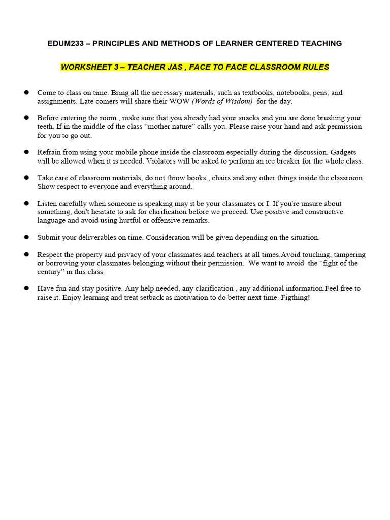 EDUM233 - Face To Face Classroom Rules | PDF | Wellness
