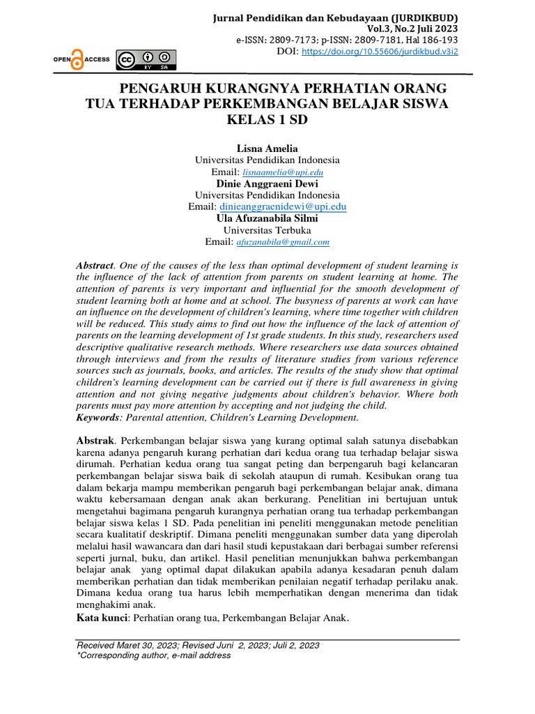 Pengaruh Kurangnya Perhatian Orang Tua Terhadap Perkembangan Belajar Siswa Kelas 1 SD | PDF
