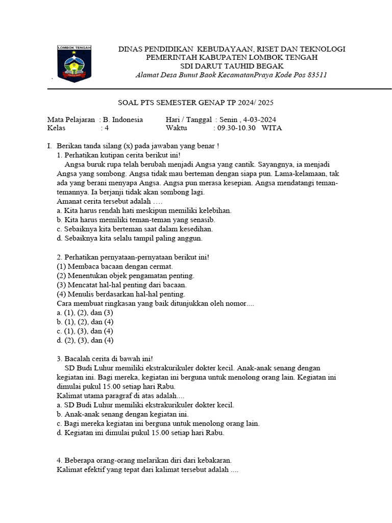 Kelas 4 Soal Uts B.indo | PDF