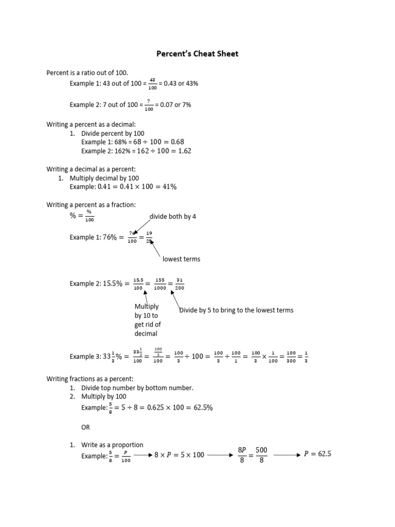 Percent's Cheat Sheet | Download Free PDF | Percentage | Multiplication