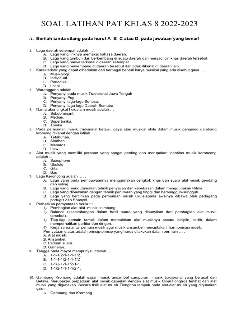 Soal Latihan Pat SBK Kelas 8 2022-2023 Ulangan | PDF | Seni & Disiplin Bahasa | Seni