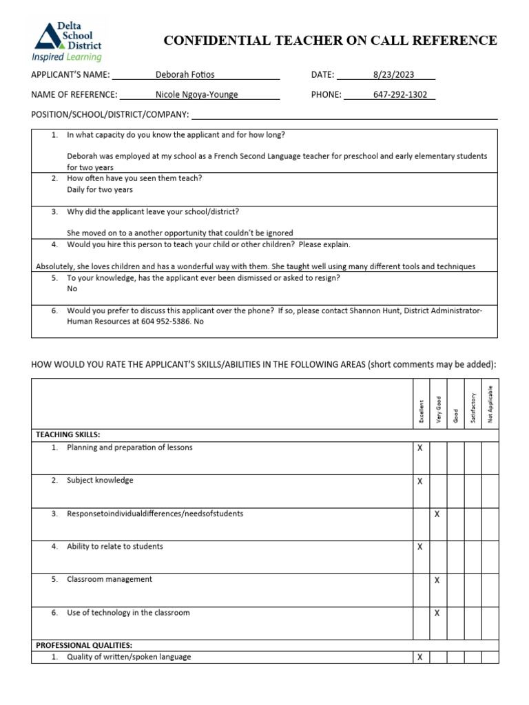 Delta School District TTOC Reference Form | PDF | Teachers | Learning
