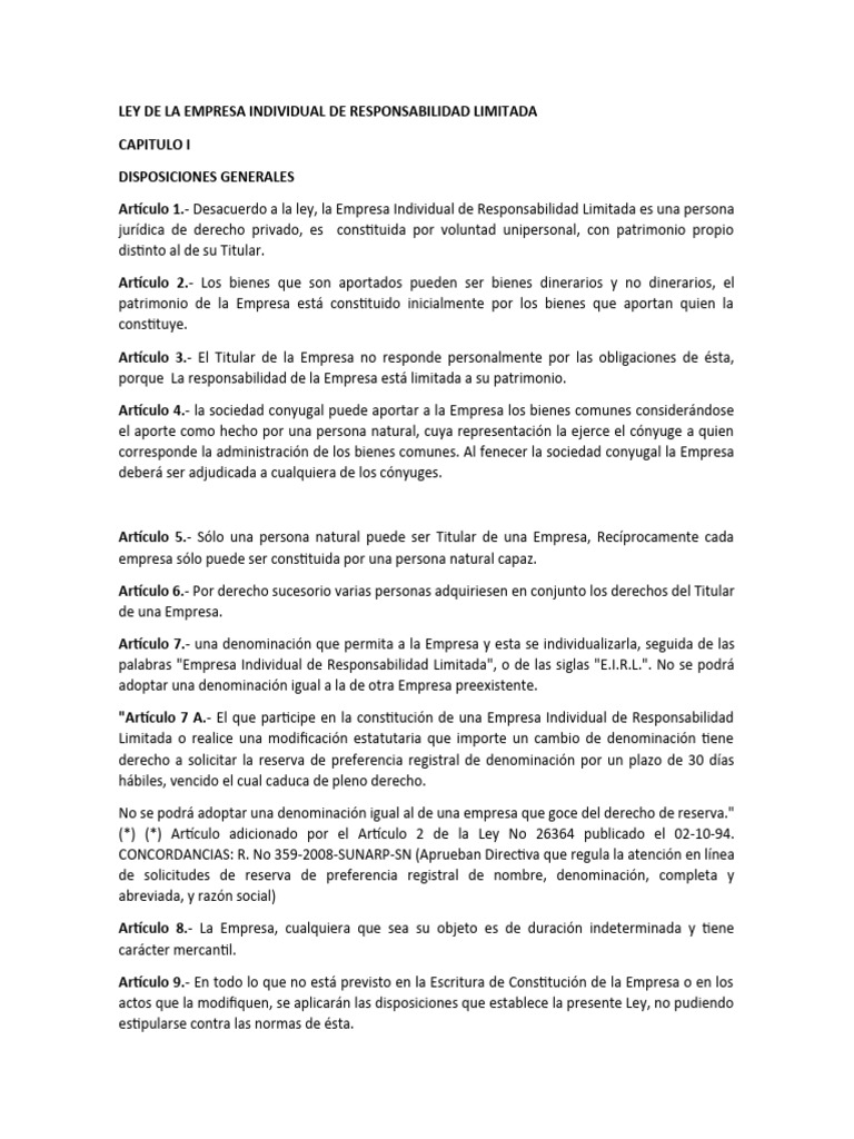 Ley de La Empresa Individual de Responsabilidad Limitada | Descargar gratis PDF | Sociedad de ...