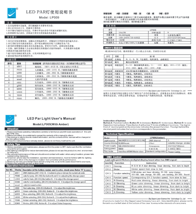 Big Dipper LP009 User Manual | PDF