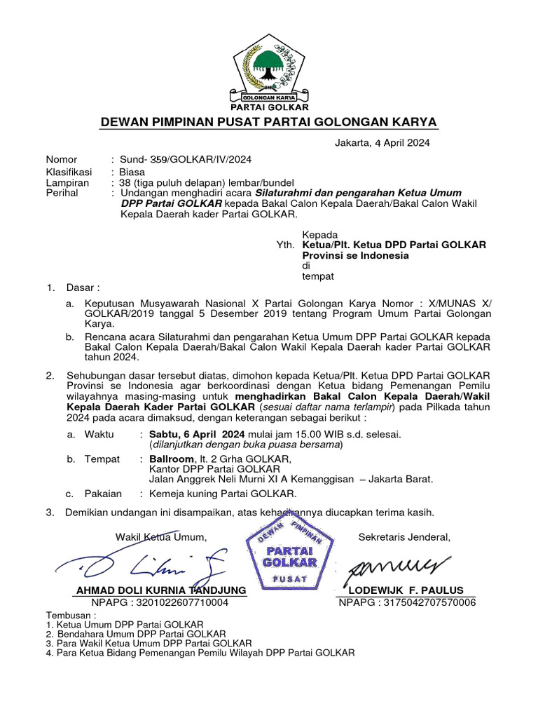 Undangan Silaturahmi DPP Golkar 2024 | PDF