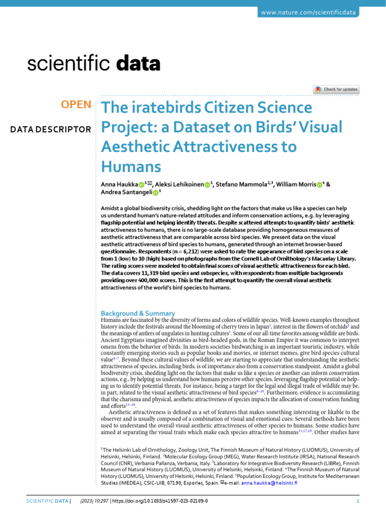 The Iratebirds Citizen Science Project: A Dataset On Birds' Visual Aesthetic Attractiveness To ...