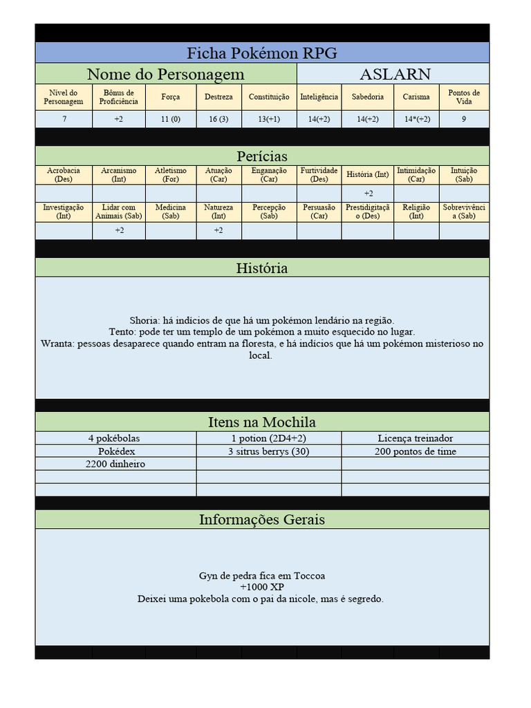 Ficha Pokémon RPG | Download grátis PDF | Pokémon | Videogames de RPG