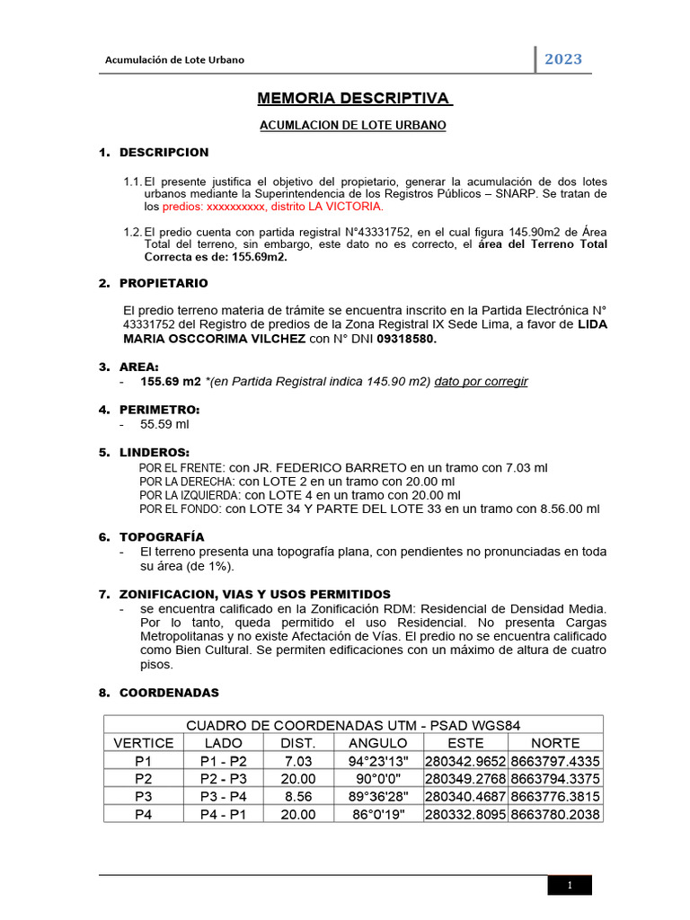 Memoria Descriptiva - Acumulacion de Lote Urbano | PDF | Topografía | Cartografía