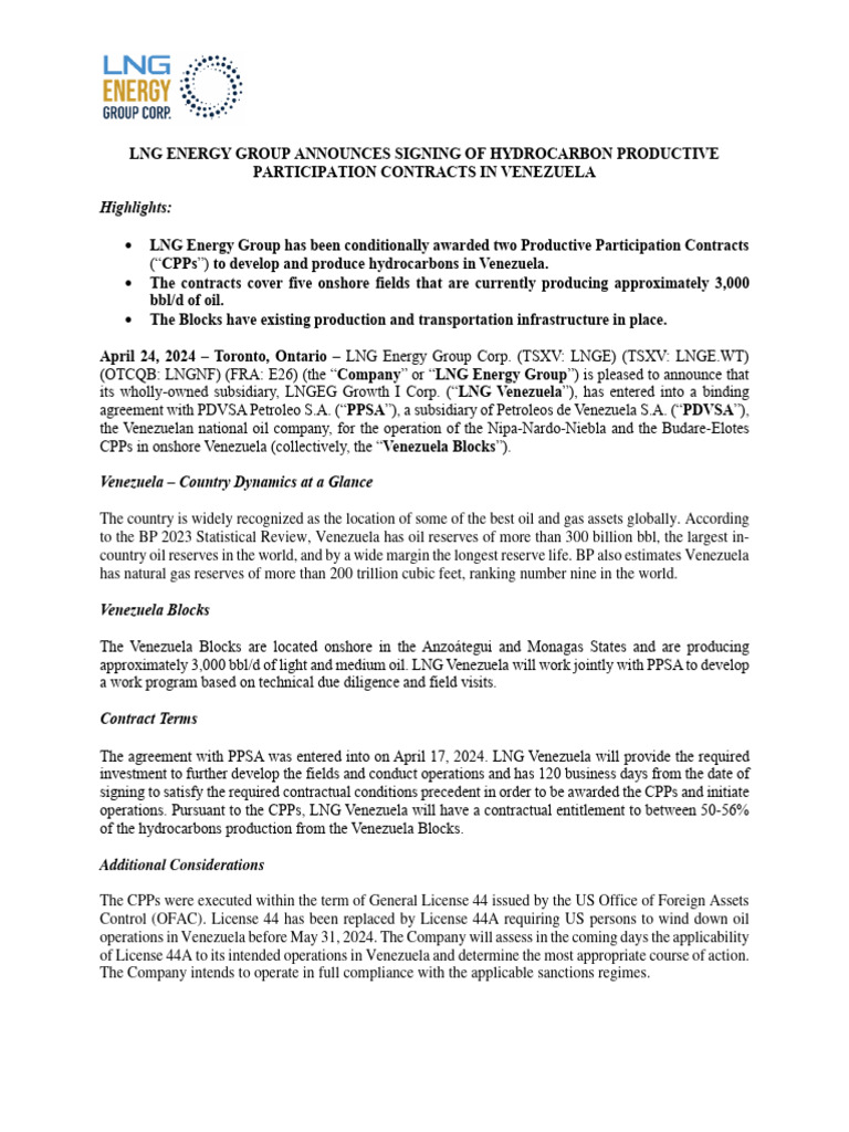 LNG Energy Signs Contracts in Venezuela | PDF | Barrel (Unit ...