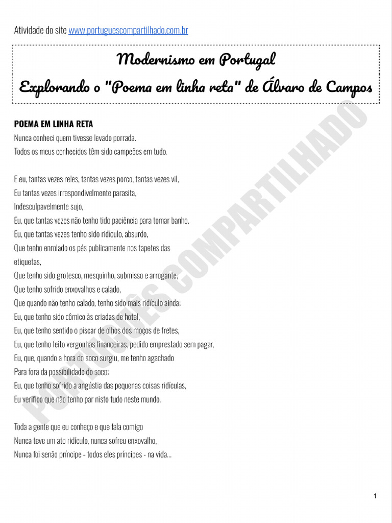 Modernismo em Portugal - Produção de Texto Ensaio Analítico - Poema em ...
