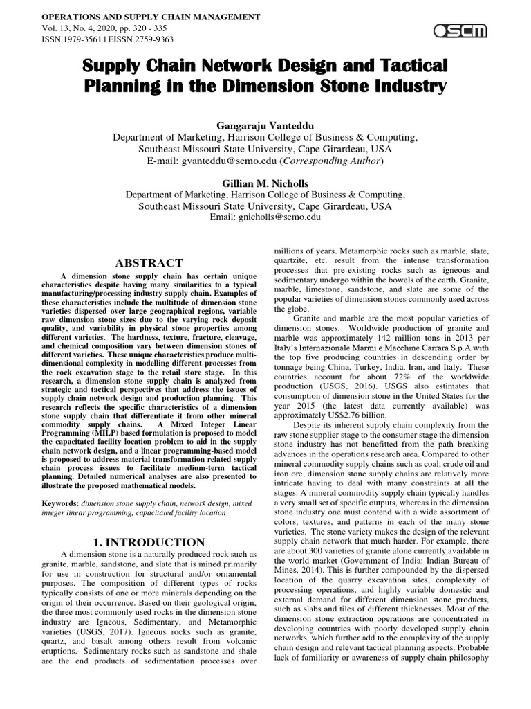 Supply Chain Network Design and Tactical Planning in The Dimension Stone Industry - 2020 ...