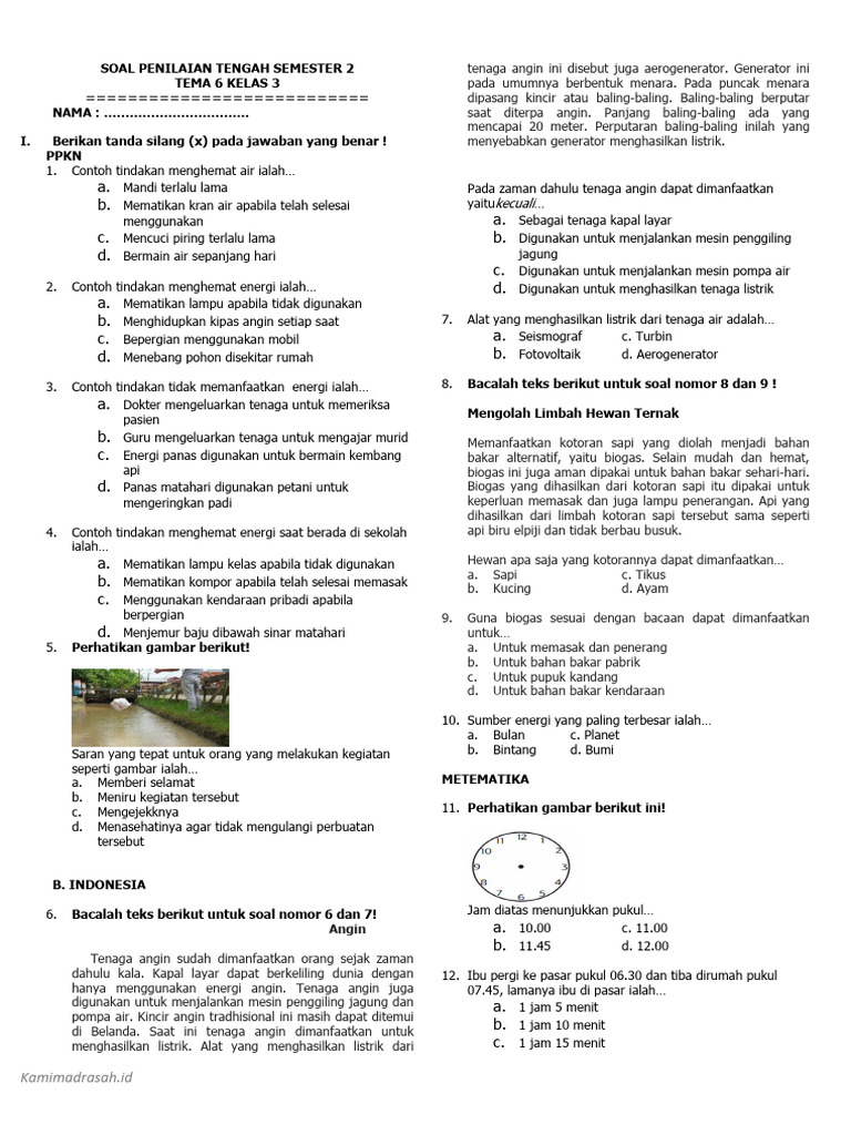 SOAL PTS KELAS 3 (Tema 6 Sub 1 2) | PDF