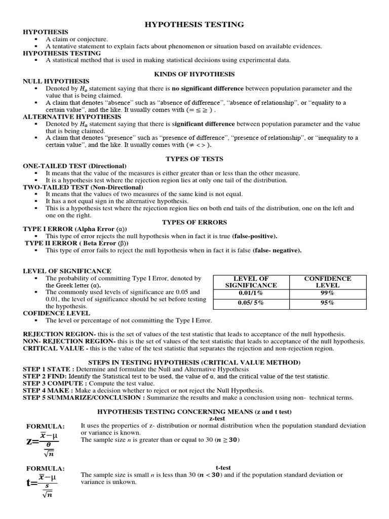 HYPOTHESIS-TESTING-LESSON-SUMMARY | PDF | Statistical Hypothesis ...
