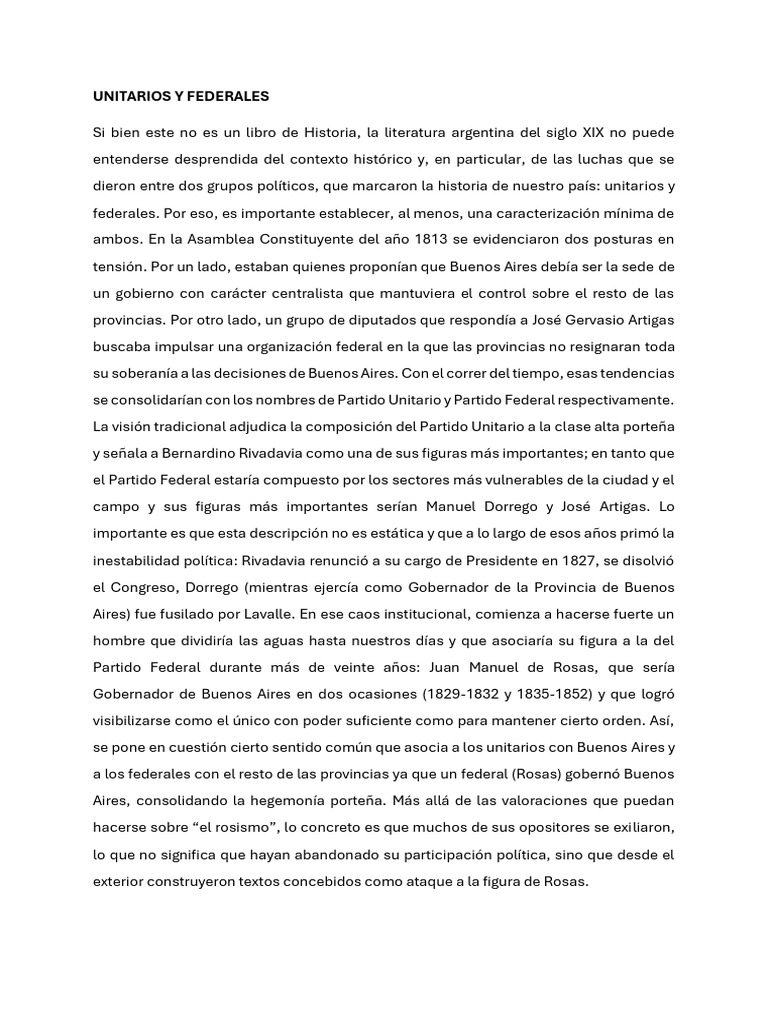 Unitarios y Federales en Argentina | PDF