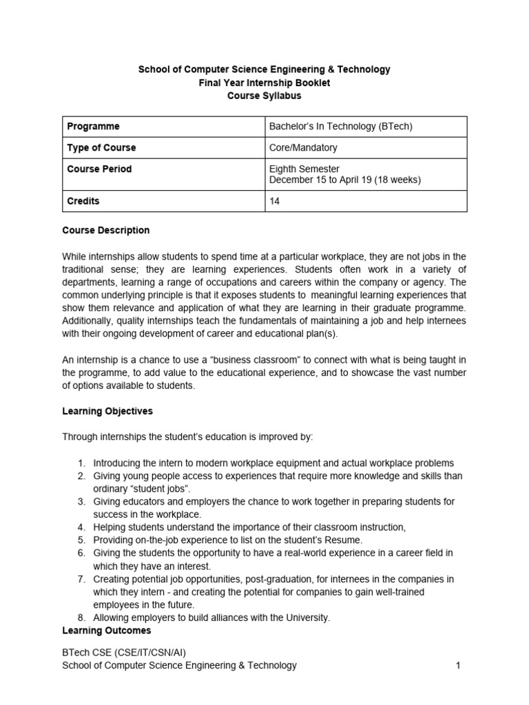 ITMBU SoCSET Final Year Internship Booklet v1.0 | PDF | Internship ...