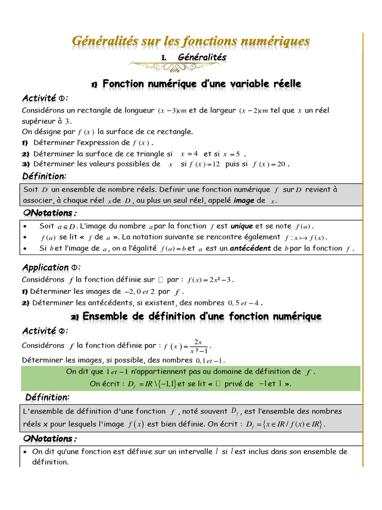 Définition et Propriétés des Fonctions Numériques | PDF | Fonction ...