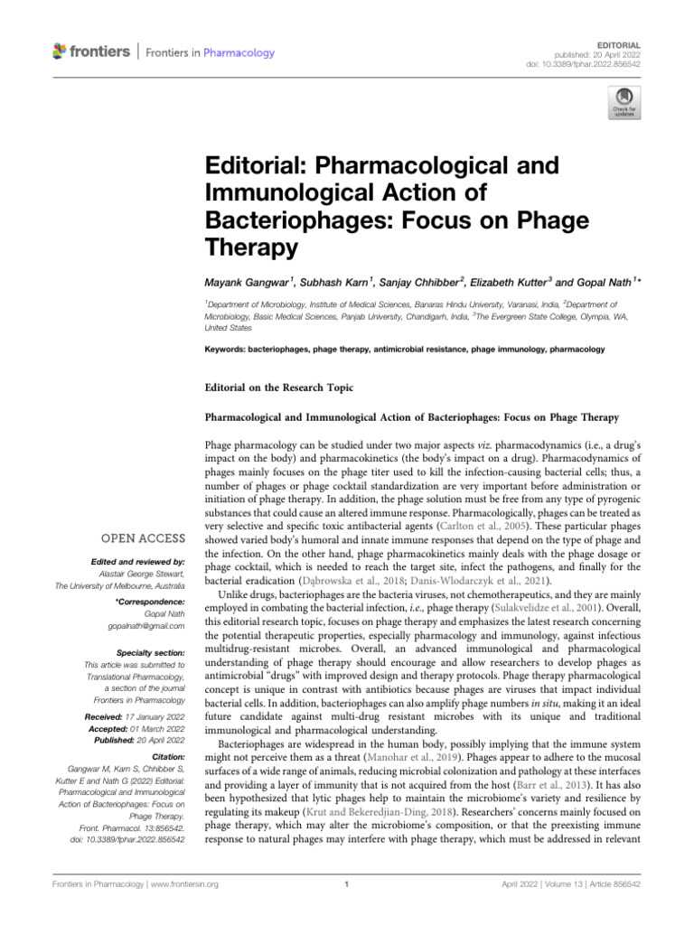 Editorial: Pharmacological and Immunological Action of Bacteriophages: Focus On Phage Therapy ...