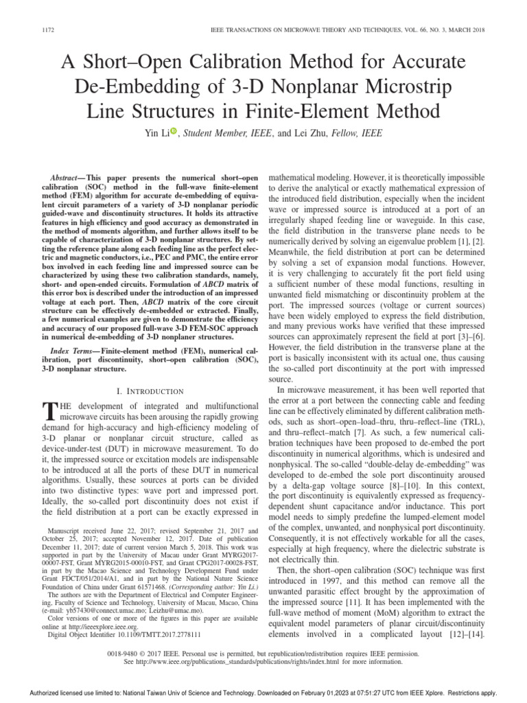 A Short Open Calibration Method For Accurate De Embedding Of 3 D Nonplanar Microstrip Line