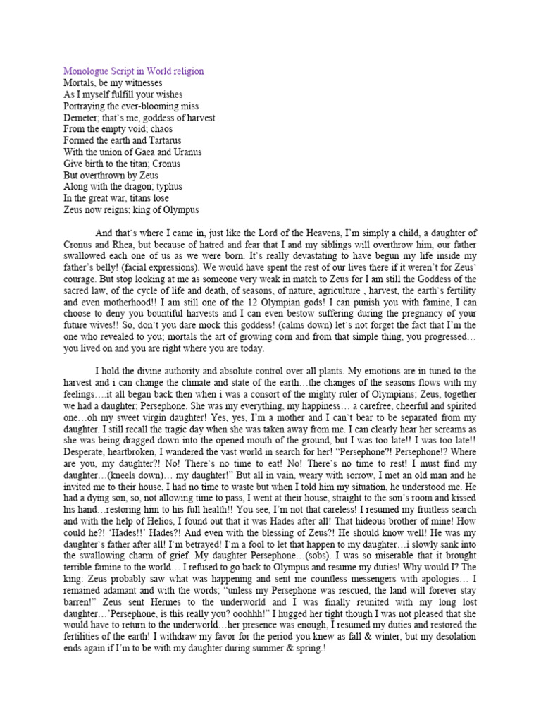 Demeter Personification Script | PDF | Zeus | Persephone