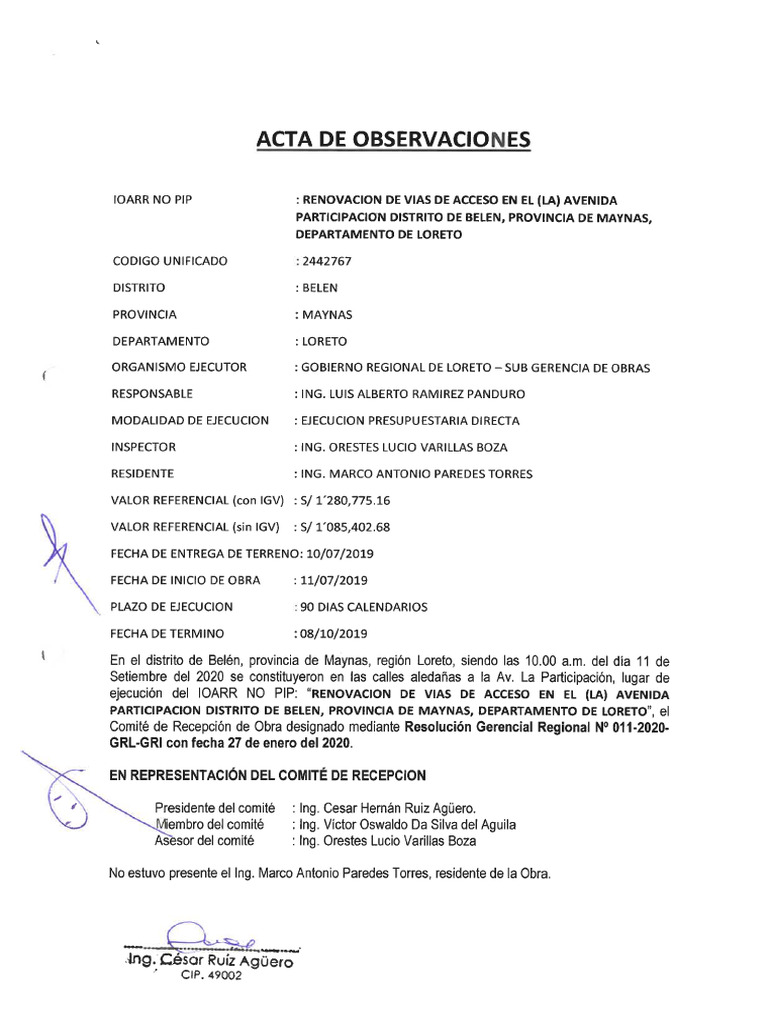 MODELO DE ACTA DE RECEPCION DE OBRA CON OBSERVACIONES | PDF