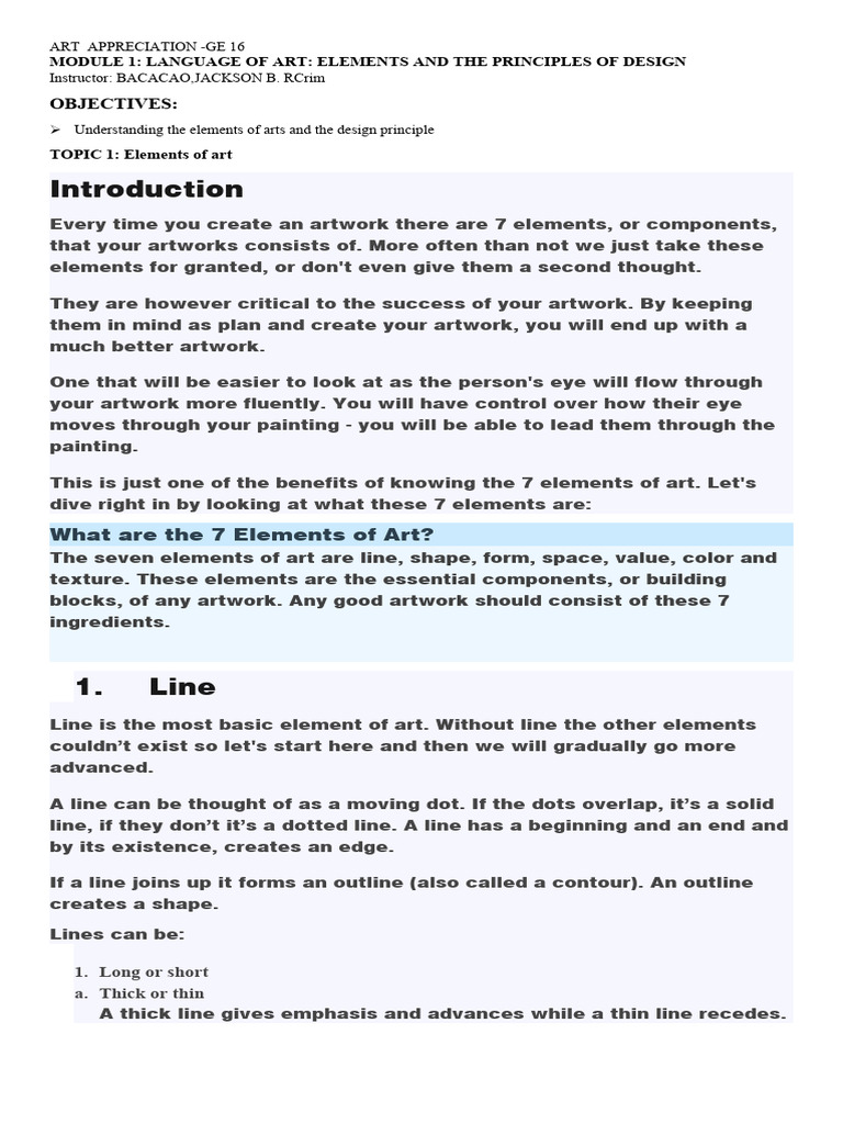ART APPRECIATION Module 1 MIDTERM | PDF | Color | Composition (Visual Arts)