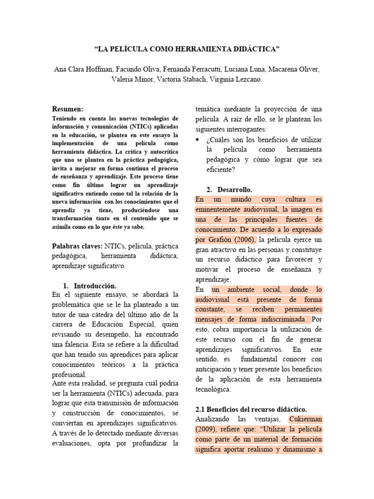 Hoffman - Et Al.-La Pel-Cula Como Herramienta Did-Ctica | PDF | Aprendizaje | Enseñando