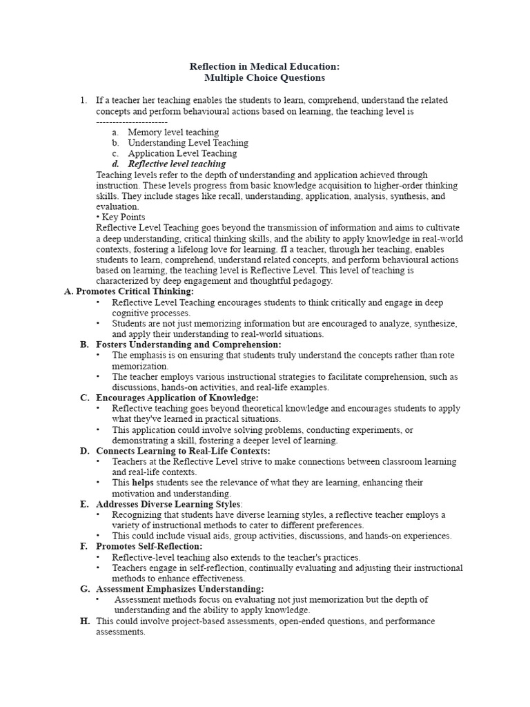 Reflection in Medical Education MCQs | PDF | Heuristic | Learning